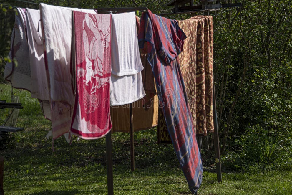 Laundry Hanging and Drying with Trees on the Background Stock Photo ...
