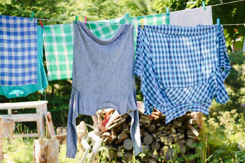 The Laundry is Hanging on the Line. Drying Laundry Outside Stock Image ...