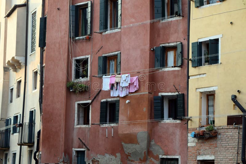 Laundry Hanging on a String between Two Windows in a Building in Venice ...