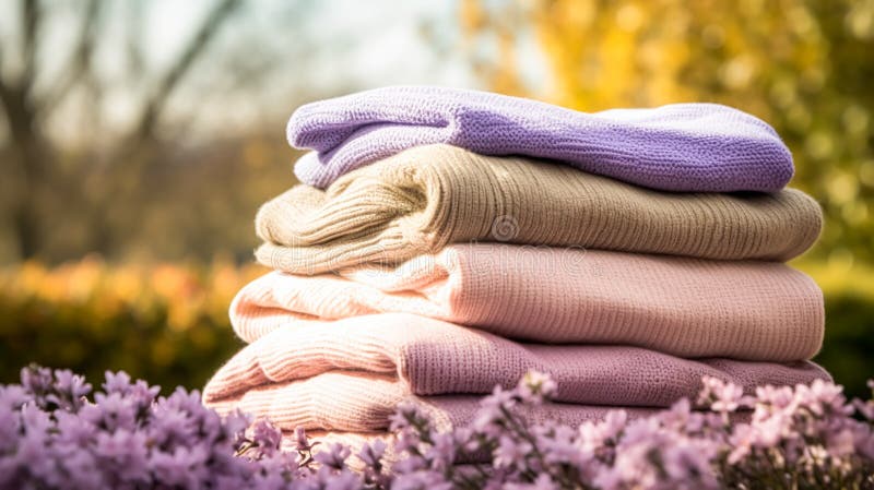 Laundry, Housekeeping and Homemaking, Stack of Clean and Folded Knitted ...