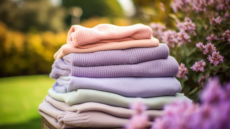 Laundry, Housekeeping and Homemaking, Stack of Clean and Folded Knitted ...