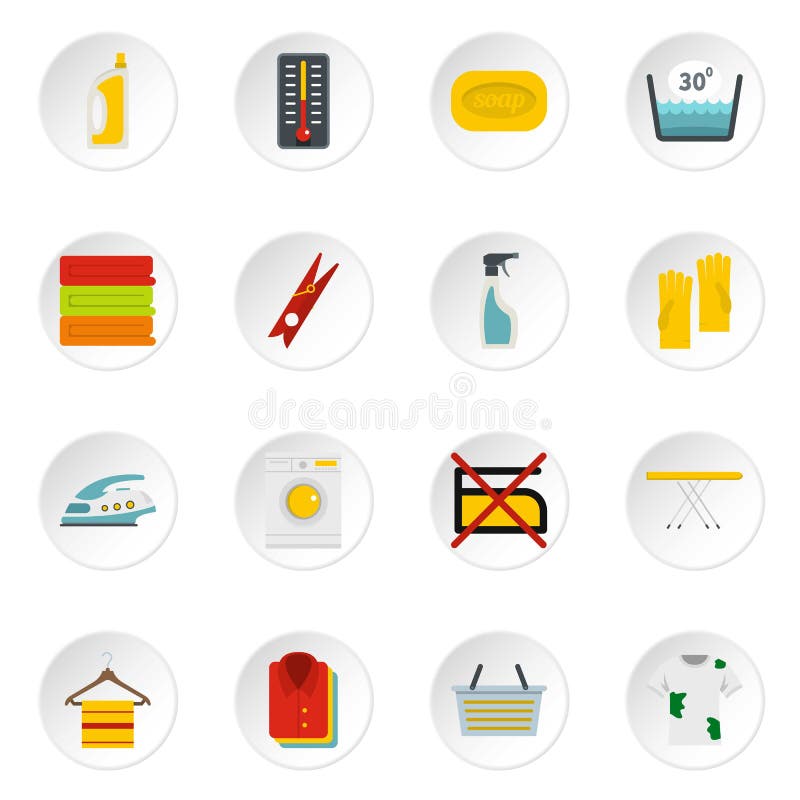 Laundry Icons Set in Flat Style Stock Vector - Illustration of iron ...