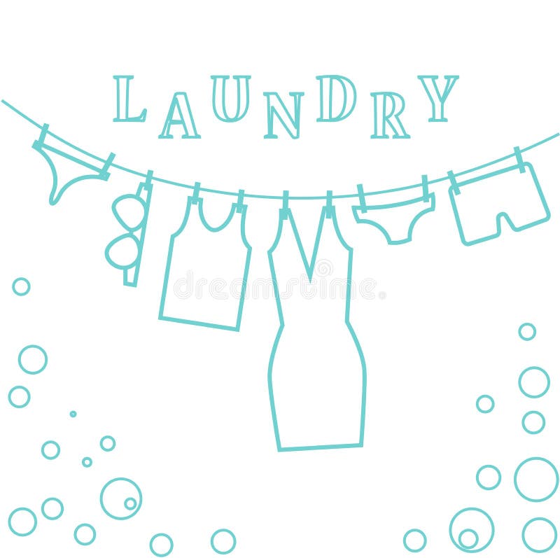 Laundry, Illustration Blue Lines Clothes and Linen Drying on a Rope ...