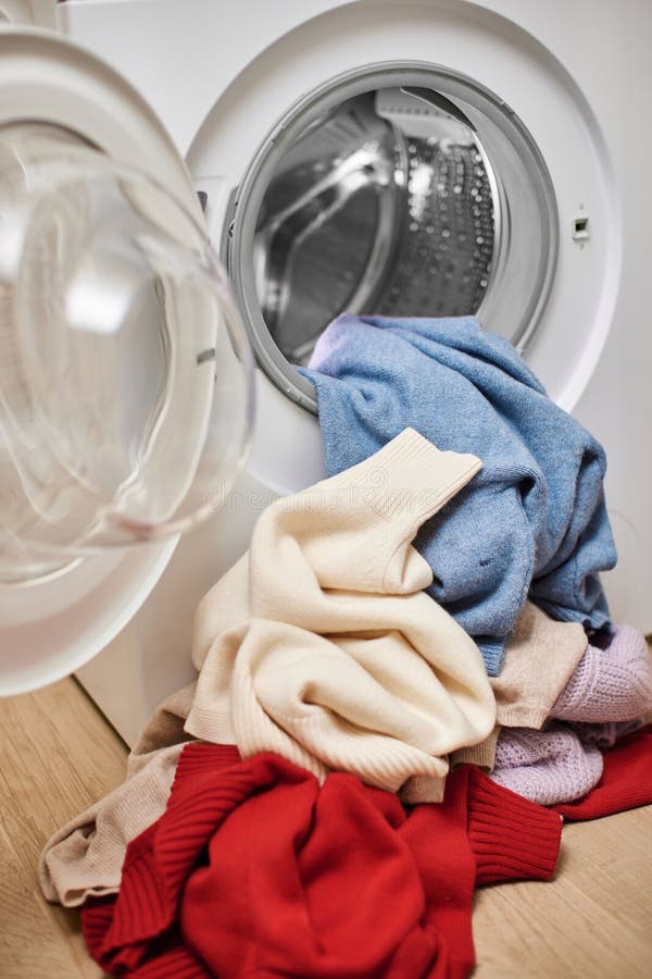 Laundry Inside Washing Machine with Open Door. Close Up. Stock Image ...