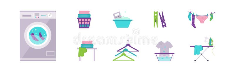 Laundry Items and Object As Clothes Washing and Drying Vector Set Stock ...