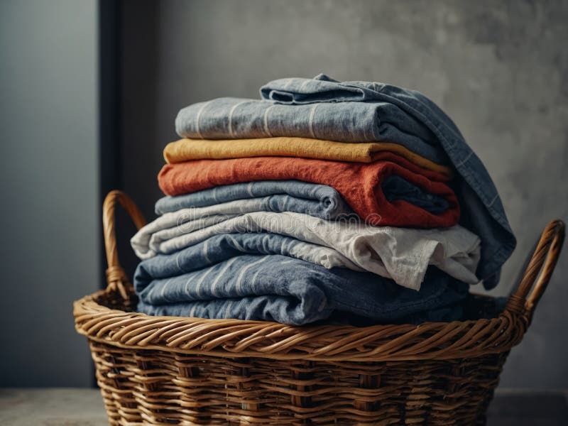 Laundry Items Stacked in a Basket Space for Text. Stock Image - Image ...