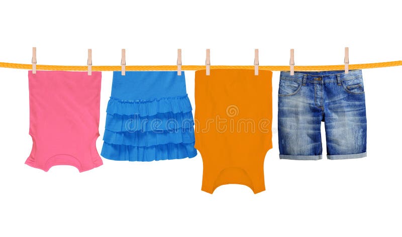 Laundry Line with Clothes Isolated on White Stock Photo - Image of ...