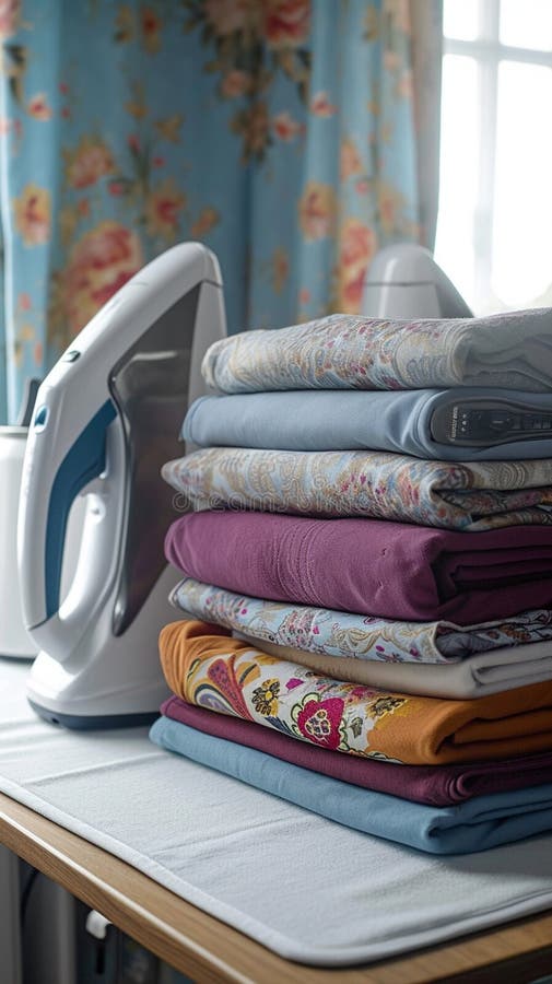 Laundry Order Clean Clothes Stack with Electric Iron on Ironing Board ...