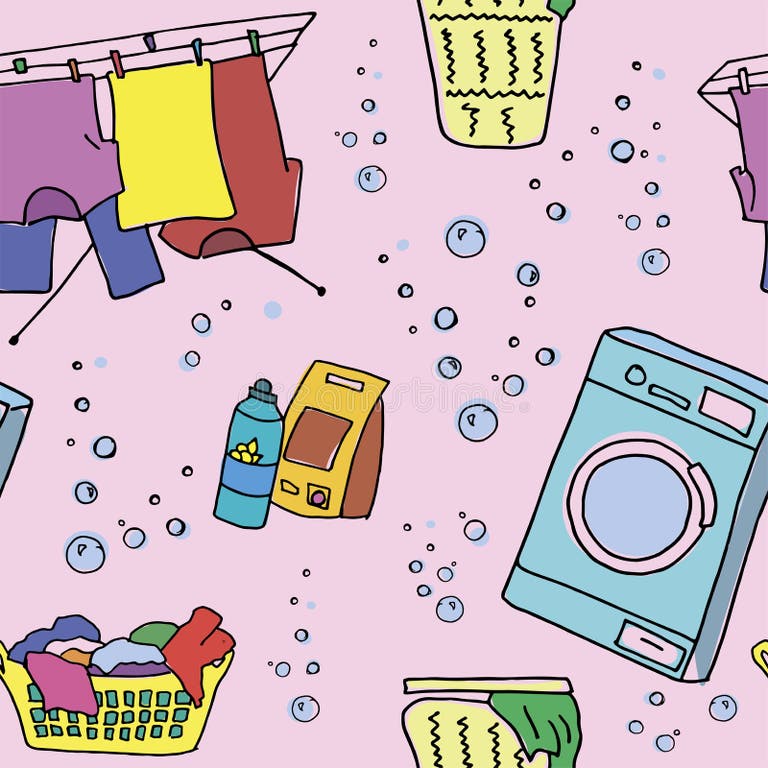 Laundry Pattern. Colored Doodle Elements for Washing Clothes, Washing ...