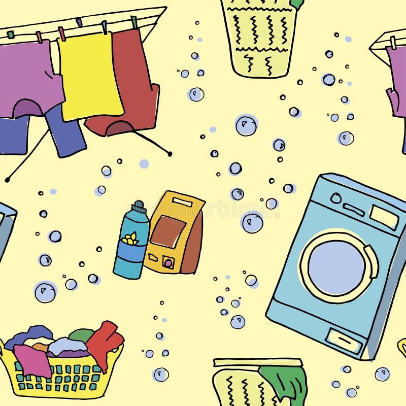 Laundry Pattern. Doodle Elements for Washing Clothes, Washing Machines ...