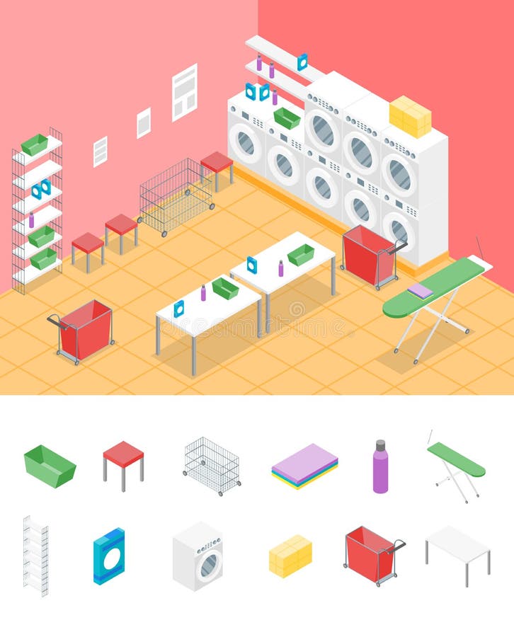 Laundry Room Concept Interior and Elements Part Isometric View. Vector ...