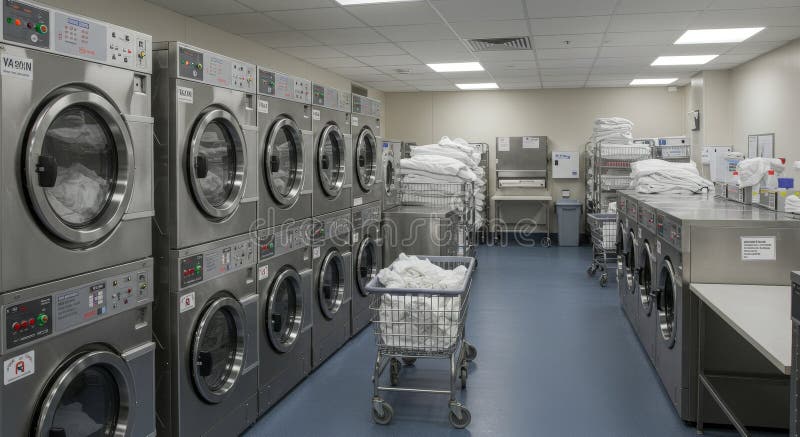 Laundry Room Equipment Rows of Industrial Washing Machines in a Modern ...
