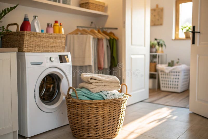 Interior of Laundry Room with Basket on Washing Machine Stock ...