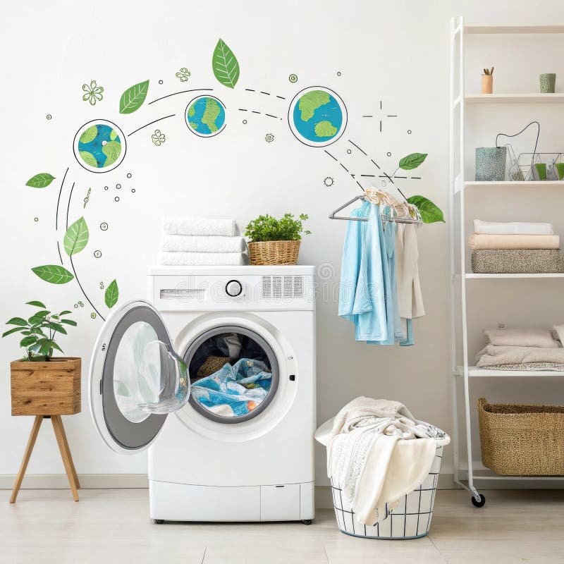 Eco-friendly Laundry Room with Washing Machine and Green Earth-themed ...