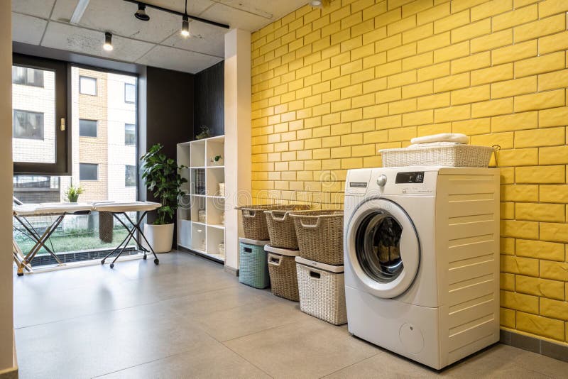 Laundry Room Interior with Modern Washing Machine Near Yellow Brick ...