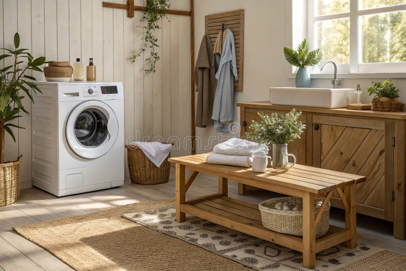 Laundry Room with Washing Machine and Wooden Bench Stock Illustration ...