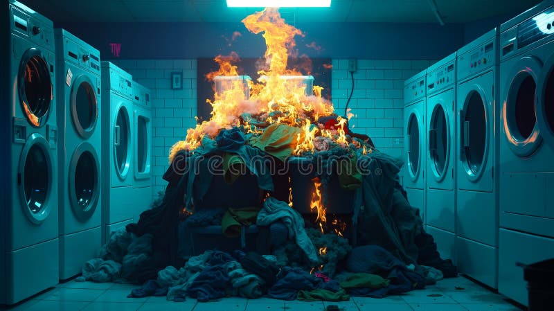 A Laundry Room Filled with Lots of Clothes on Fire Stock Photo - Image ...