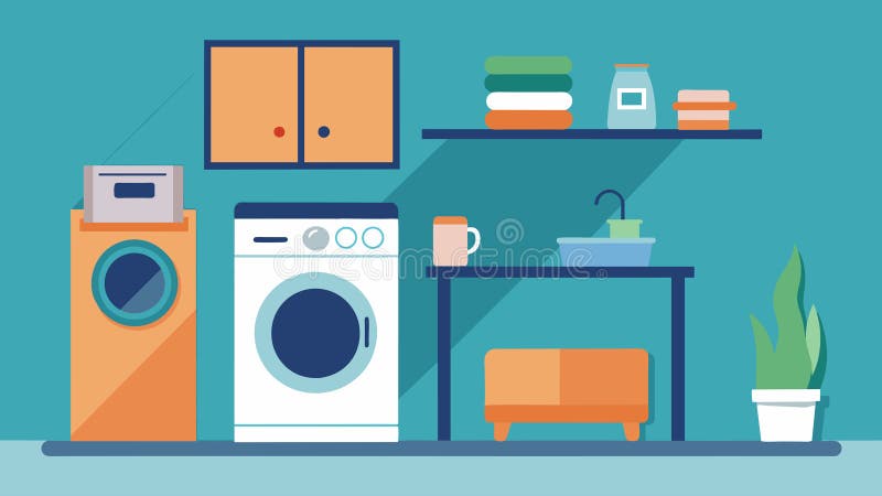 A Laundry Room with a Frontloading Washer and Dryer and a Folding Table ...