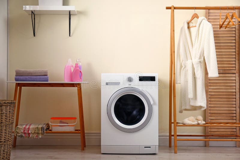 Laundry Room Interior with Washing Machine Stock Image - Image of ...