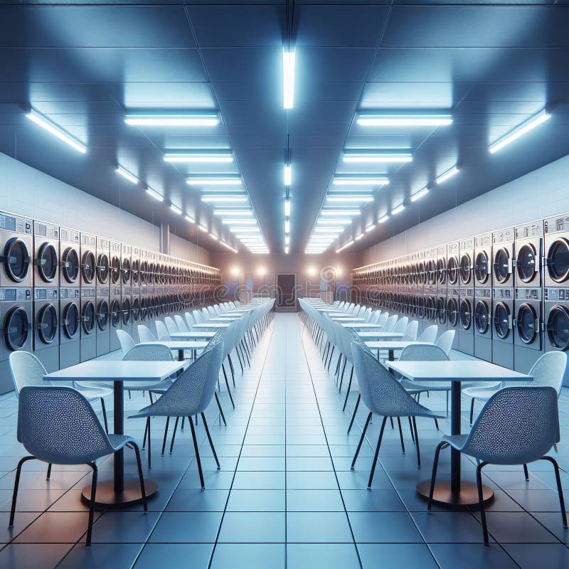 Laundry Room Interior with Rows of Washing Machines Stock Illustration ...