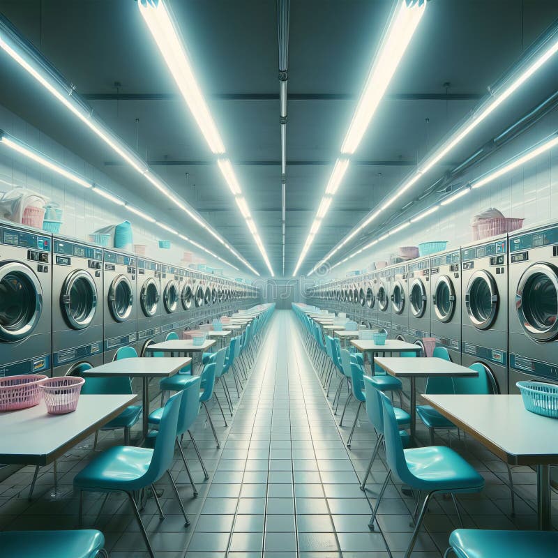 Laundry Room Interior with Rows of Washing Machines Stock Illustration ...