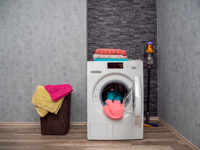 Laundry Room Interior with Washing Machine Against the Wall. Stock ... Laundry Room Interior with Washing Machine Against the Wall. Stock ...