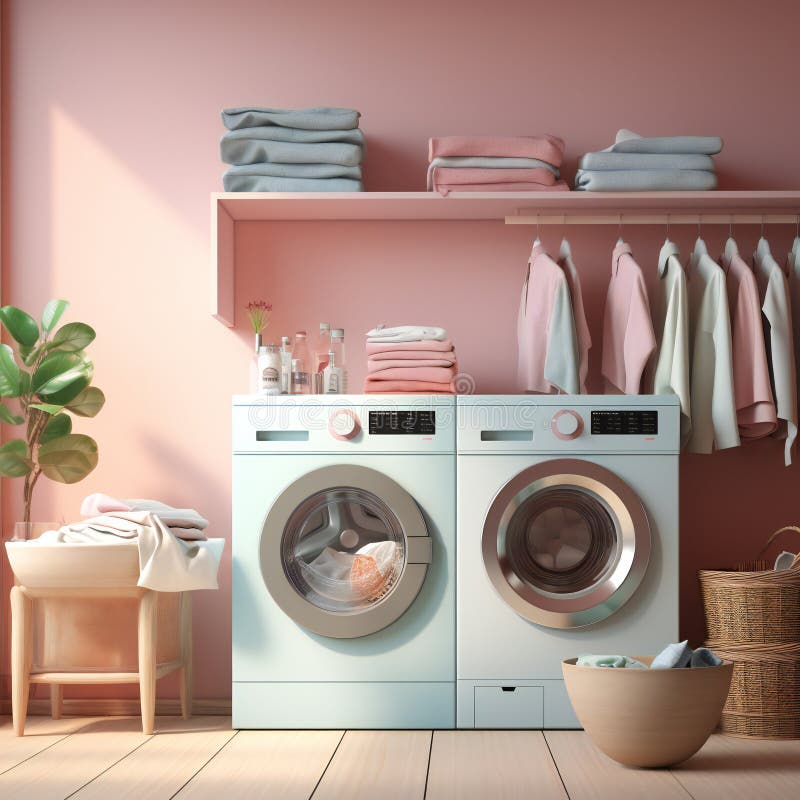 Laundry Room Interior with Washing Machine and Laundry Basket. 3d ...