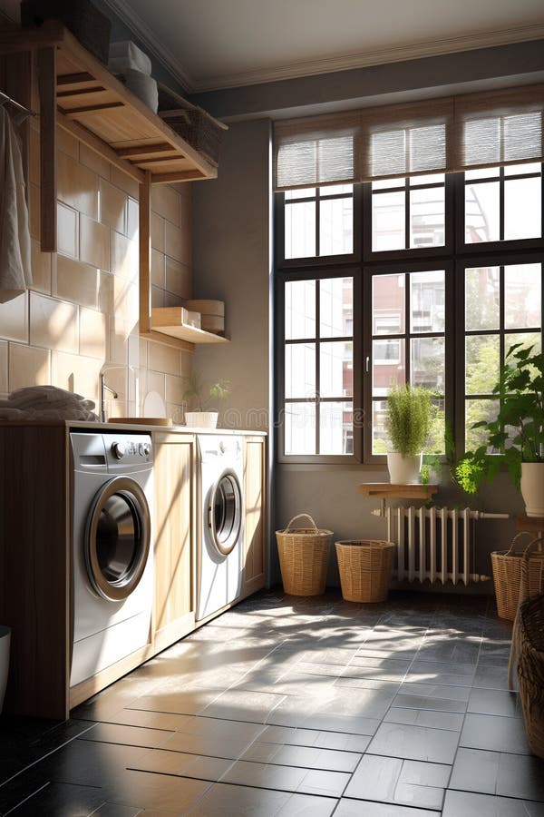 Laundry Room Interior with Washing Machine and Basket. 3d Render Stock Illustration ...