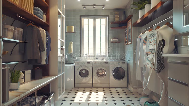 Laundry Room Interior with Washing Machine. 3d Render Illustration ...