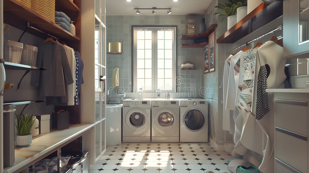 Laundry Room Interior with Washing Machine. 3d Render Illustration ...