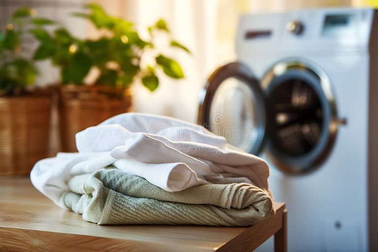 Laundry Room Interior with Washing Machine and Stack of Clean Towels ...
