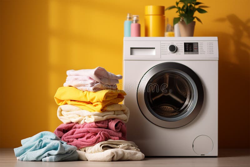 Laundry Room Interior with Washing Machine and Stack of Colorful ...