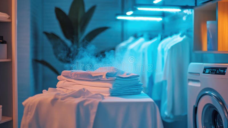 Laundry Room with Modern Ambience and Folded Clothes with Steam, Clean ...