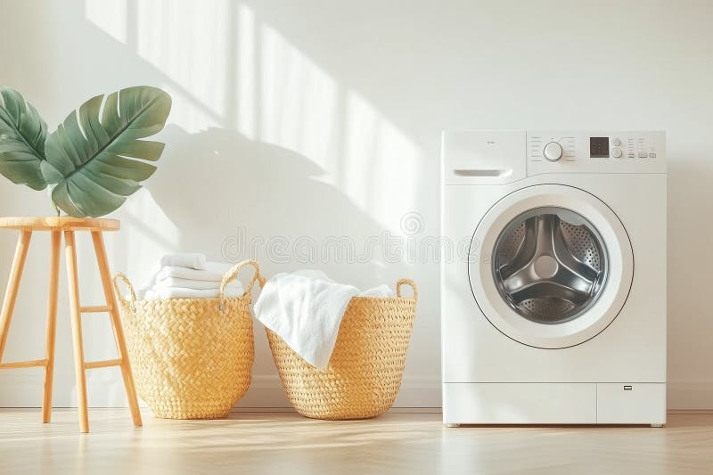 Laundry Room with a Modern Washing Machine, Wicker Baskets Filled with ...