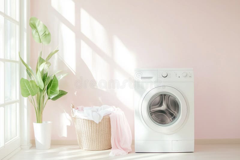 Laundry Room with a Modern Washing Machine, Wicker Baskets Filled with ...