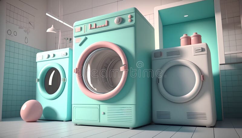 Laundry Room with Modern Washing Machines, 3d Render Illustration Stock ...