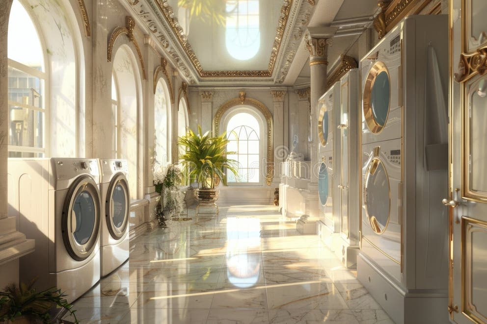 A Laundry Room with Multiple Windows, Featuring a Collection of Washing ...