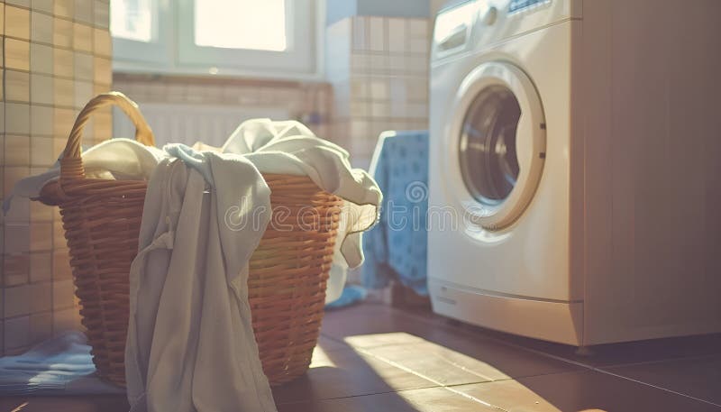 Laundry Room Scene with a Basket of Clothes and Washing Machine Stock ...