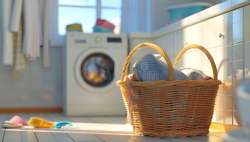 Laundry Room Scene with a Basket of Clothes and Washing Machine Stock ...