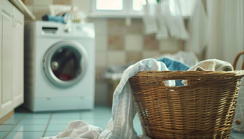 Laundry Room Scene with a Basket of Clothes and Washing Machine Stock ...