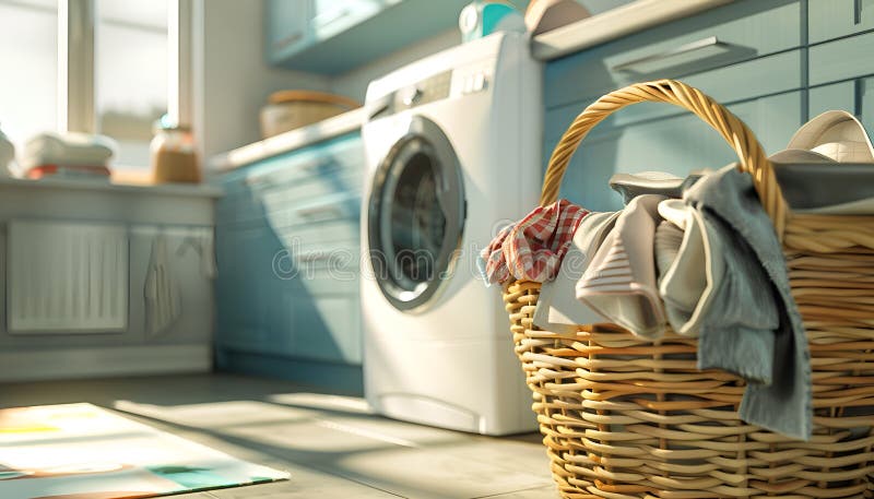 Laundry Room Scene with a Basket of Clothes and Washing Machine Stock ...