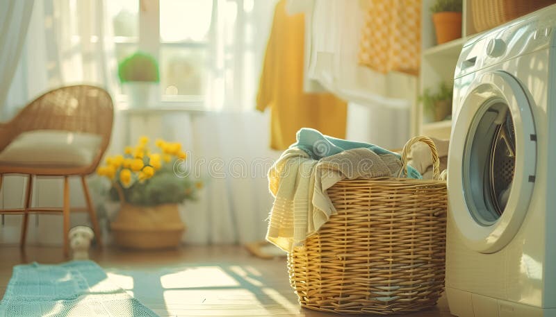 Laundry Room Scene with a Basket of Clothes and Washing Machine Stock ...
