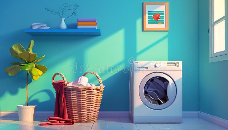 Laundry Room Scene with a Basket of Clothes and Washing Machine Stock ...