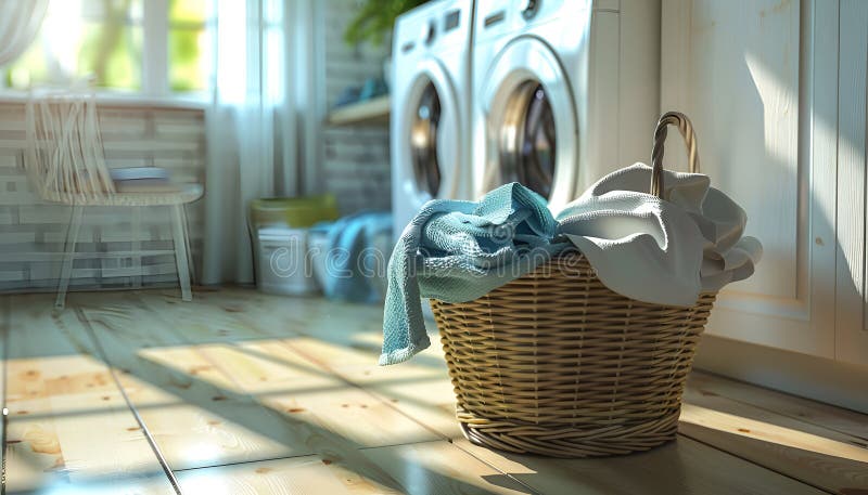Laundry Room Scene with a Basket of Clothes and Washing Machine Stock ...