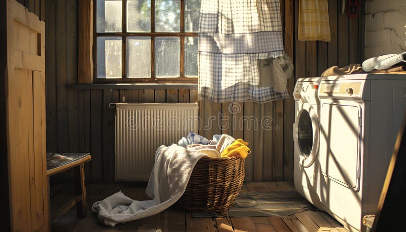 Laundry Room Scene with a Basket of Clothes and Washing Machine Stock ...