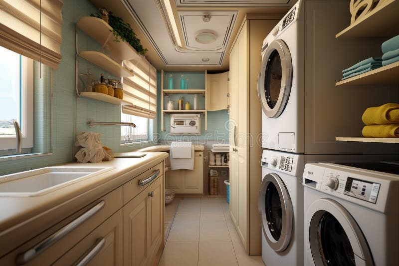 Laundry Room with Smart Washing Machine Setup Stock Illustration ...