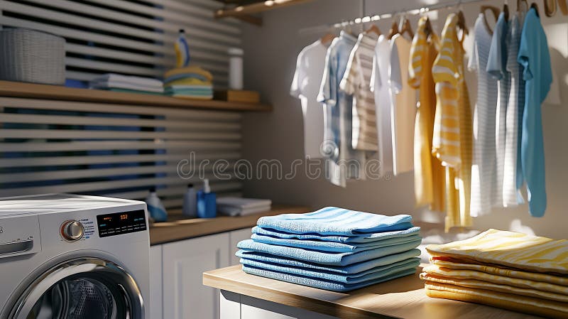 A Laundry Room with a Stack of Clean Clothes on a Countertop Generative ...