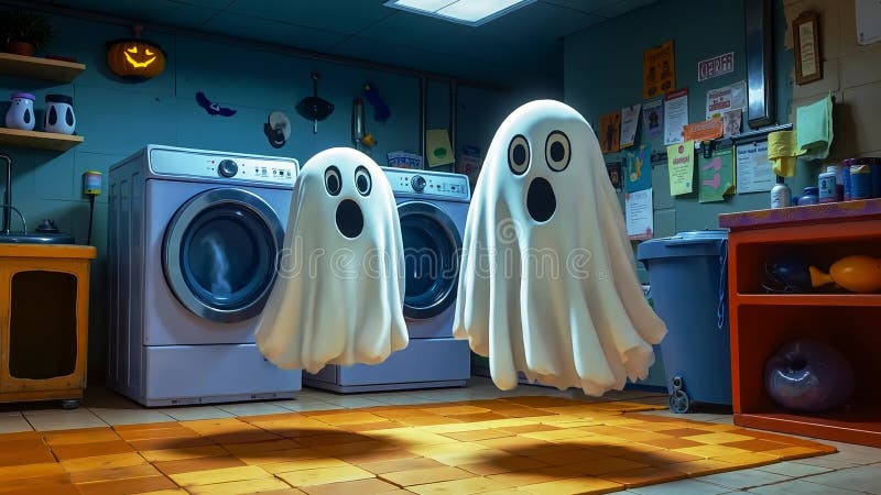 A Laundry Room with Two Ghosts in Front of a Washer and Dryer Stock ...