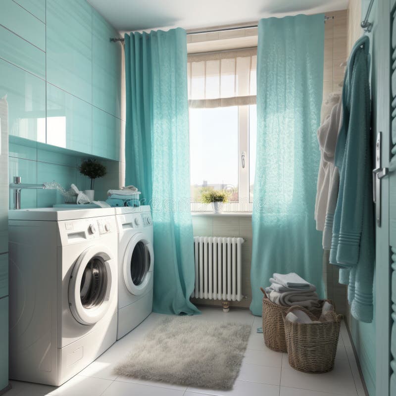 Laundry Room with Washing Machine and Blue Curtains, 3d Render. Laundry ...