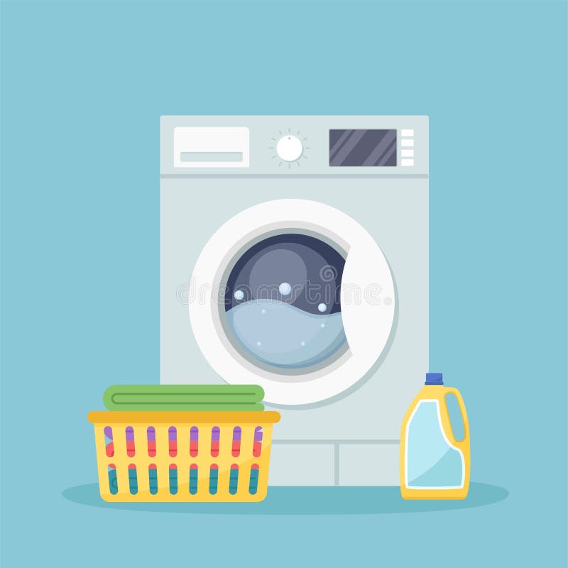 Laundry Room with Washing Machine, Detergent and Plastic Basket with ...